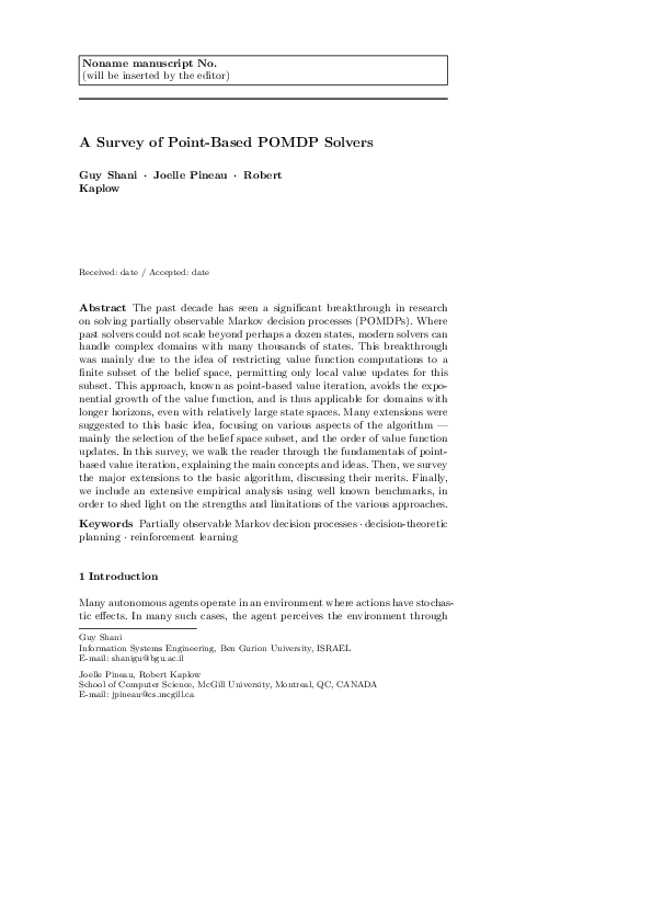 (PDF) A survey of point-based POMDP solvers