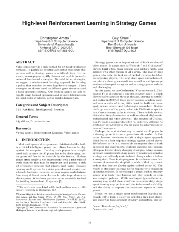 (PDF) High-level reinforcement learning in strategy games