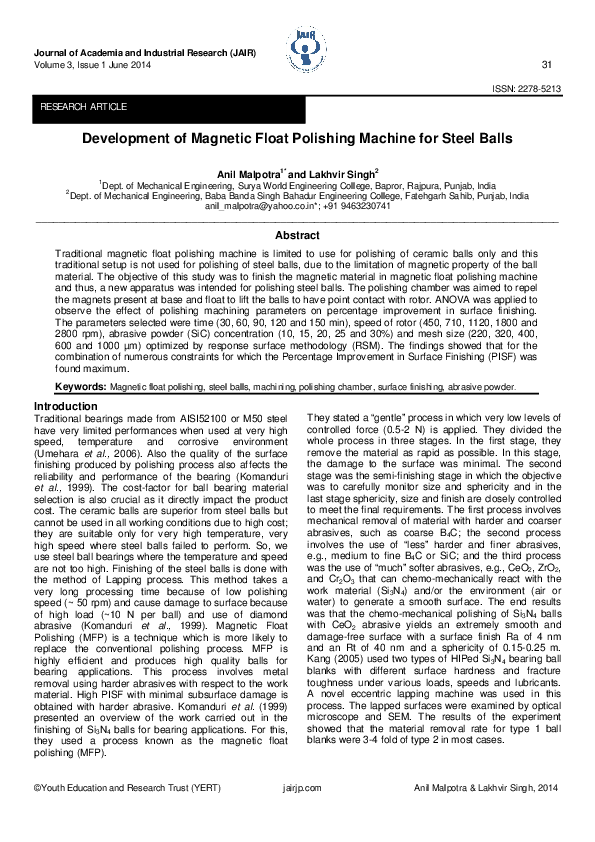 (PDF) Development of Magnetic Float Polishing Machine for Steel Balls