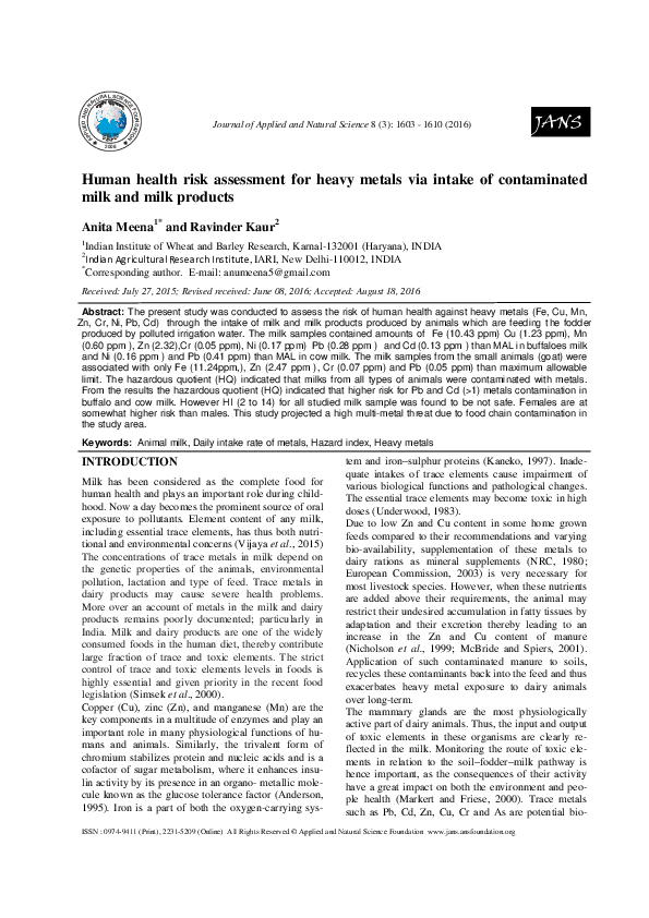 (PDF) Human health risk assessment for heavy metals via intake of ...
