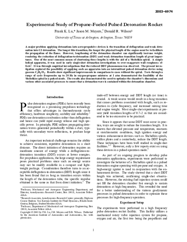 (PDF) Experimental Study of Propane-Fueled Pulsed Detonation Rocket