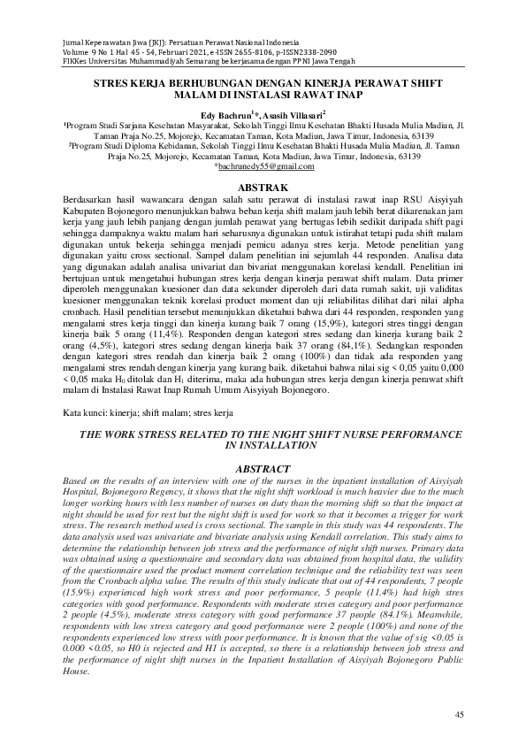(PDF) Stres Kerja Berhubungan dengan Kinerja Perawat Shift Malam di Instalasi Rawat Inap