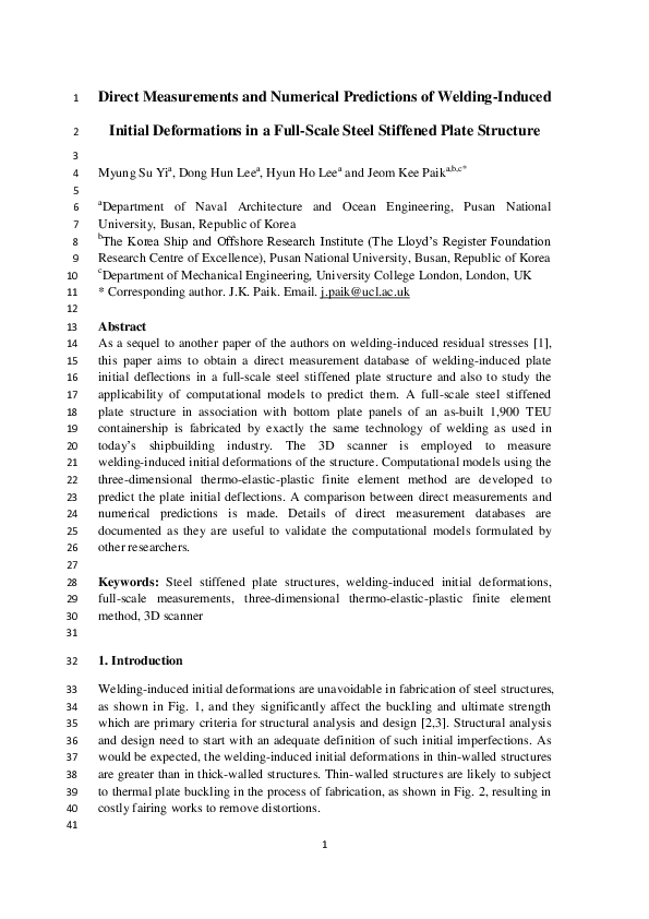 (PDF) Direct measurements and numerical predictions of welding-induced initial deformations in a ...