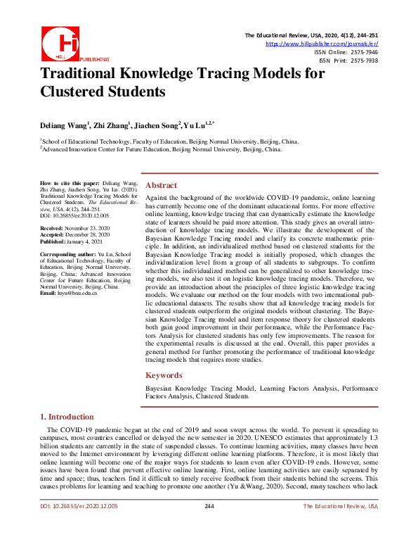 (PDF) Traditional Knowledge Tracing Models for Clustered Students