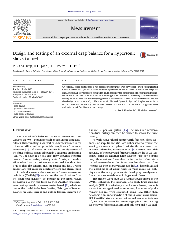 (PDF) Design and testing of an external drag balance for a hypersonic ...