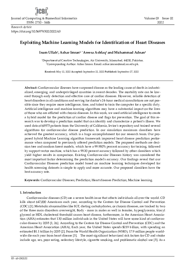 (PDF) Exploiting Machine Learning Models for Identification of Heart Diseases