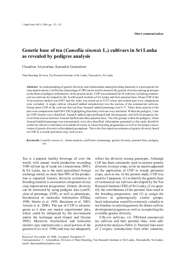 (PDF) Genetic base of tea (Camellia sinensis L.) cultivars in Sri Lanka ...