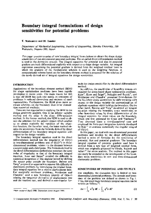 (PDF) Boundary integral formulations of design sensitivities for potential problems