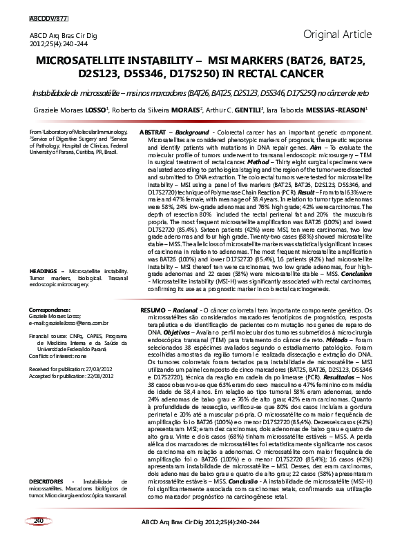 (PDF) MICROSATELLITE INSTABILITY - MSI MARKERS (BAT26, BAT25, D2S123 ...