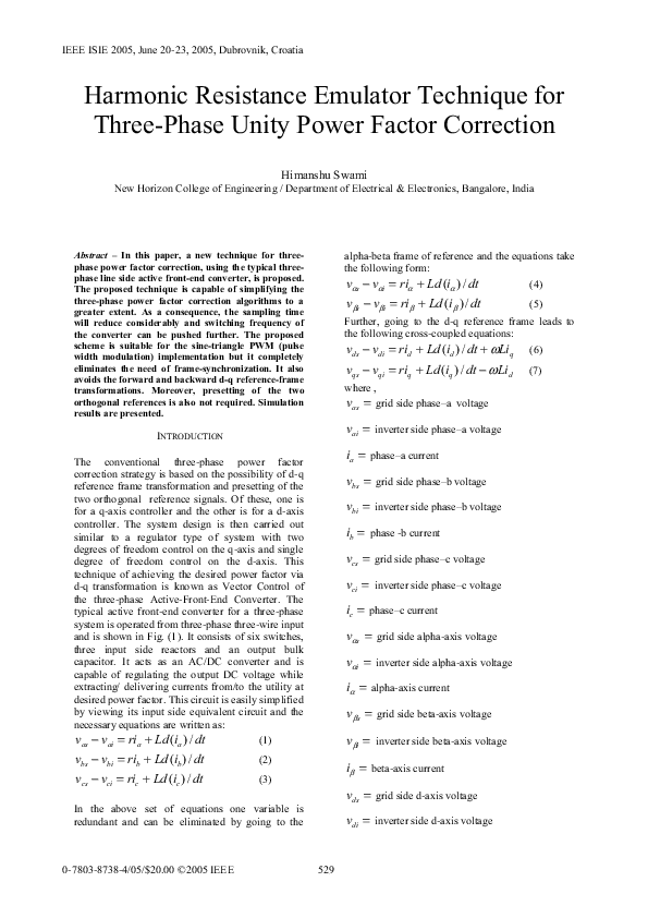 (PDF) Harmonic Resistance Emulator Technique for Three Phase Unity Power Factor Correction