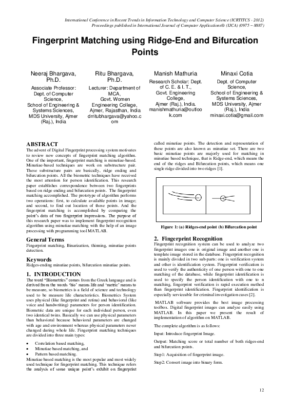 (PDF) Fingerprint Matching using Ridge-End and Bifurcation Points