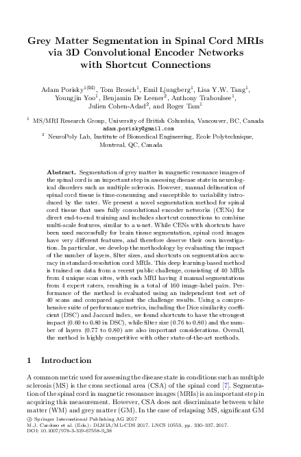 (PDF) Grey Matter Segmentation in Spinal Cord MRIs via 3D Convolutional Encoder Networks with ...