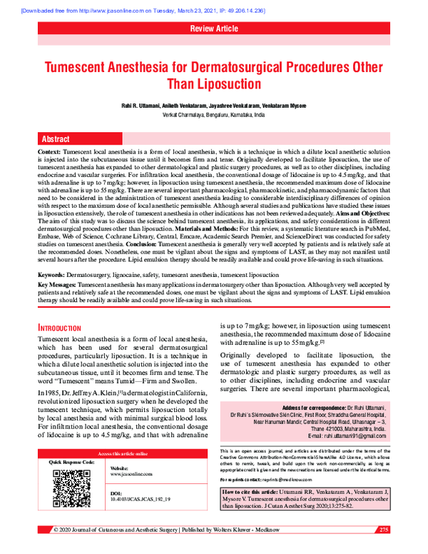 (PDF) Tumescent Anesthesia for Dermatosurgical Procedures Other Than ...