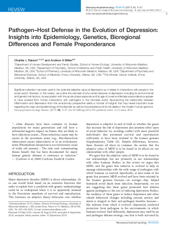 (PDF) Pathogen-Host Defense in the Evolution of Depression: Insights ...
