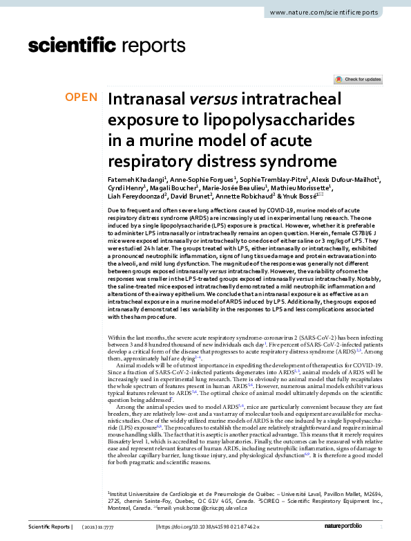 (PDF) Intranasal versus intratracheal exposure to lipopolysaccharides ...