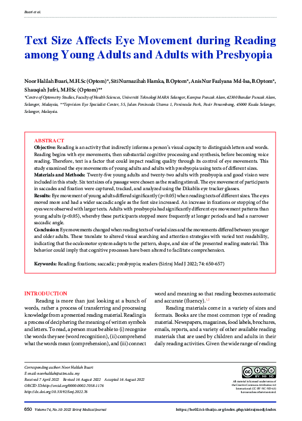 (PDF) Text Size Affects Eye Movement during Reading among Young Adults ...