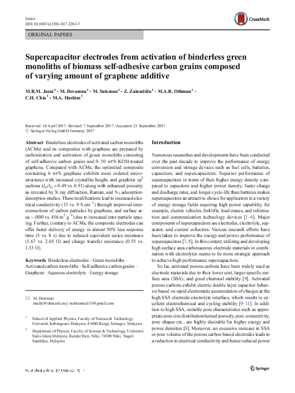 (PDF) Supercapacitor electrodes from activation of binderless green ...