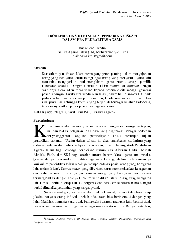(PDF) Problematika Kurikulum Pendidikan Islam Dalam Era Pluralitas Agama