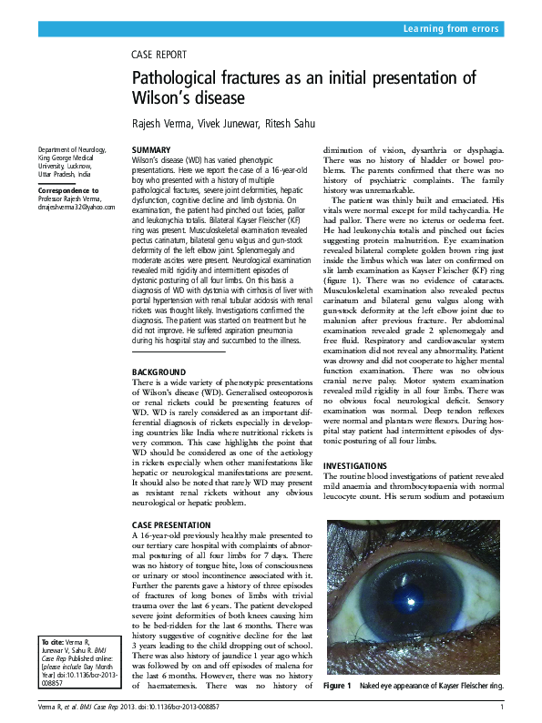 (PDF) Pathological fractures as an initial presentation of Wilson's disease