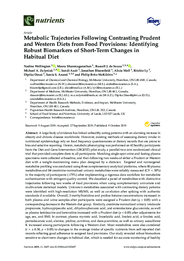 (PDF) Metabolic Trajectories Following Contrasting Prudent and Western Diets from Food ...