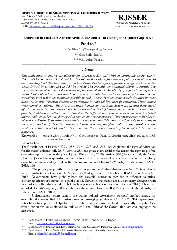(PDF) Education in Pakistan: Are the Articles 25A and 37(b) Closing the ...