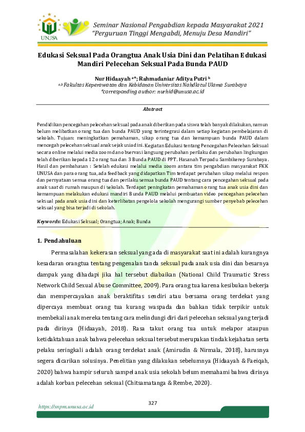 (PDF) Edukasi Seksual Pada Orangtua Anak Usia Dini dan Pelatihan Edukasi Mandiri Pelecehan ...