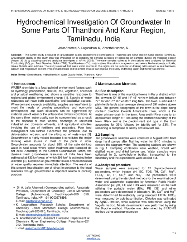 (PDF) Hydrochemical Investigation Of Groundwater In Some Parts Of Thanthoni And Karur Region ...