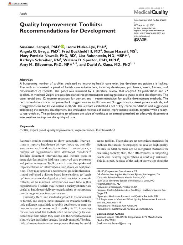 (PDF) Quality Improvement Toolkits: Recommendations for Development