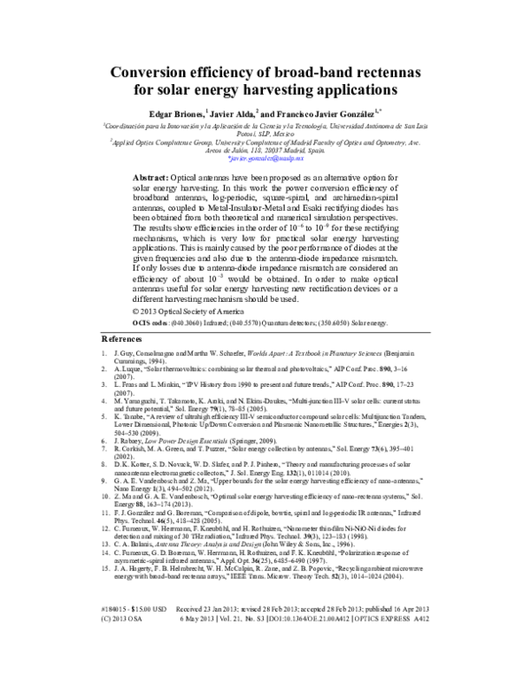 (PDF) Conversion efficiency of broad-band rectennas for solar energy ...
