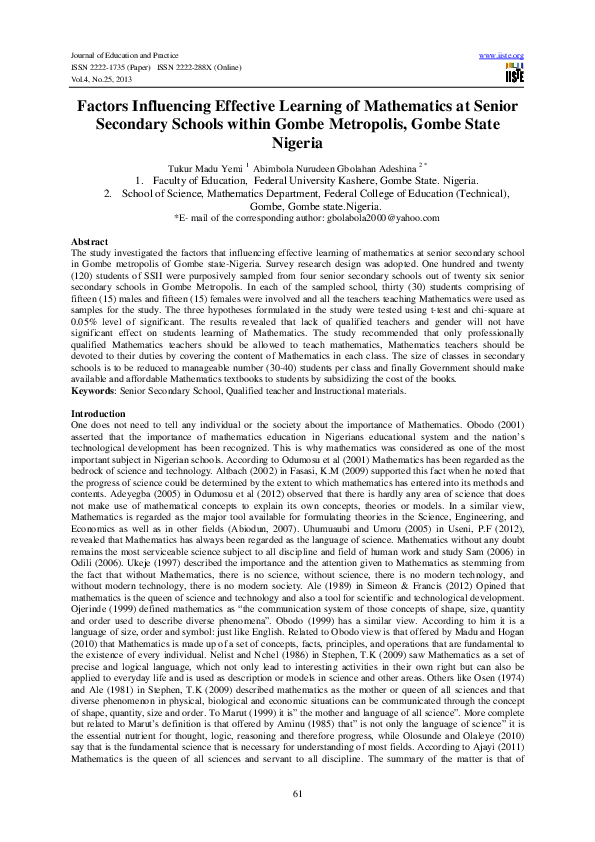 (PDF) Factors Influencing Effective Learning of Mathematics at Senior ...