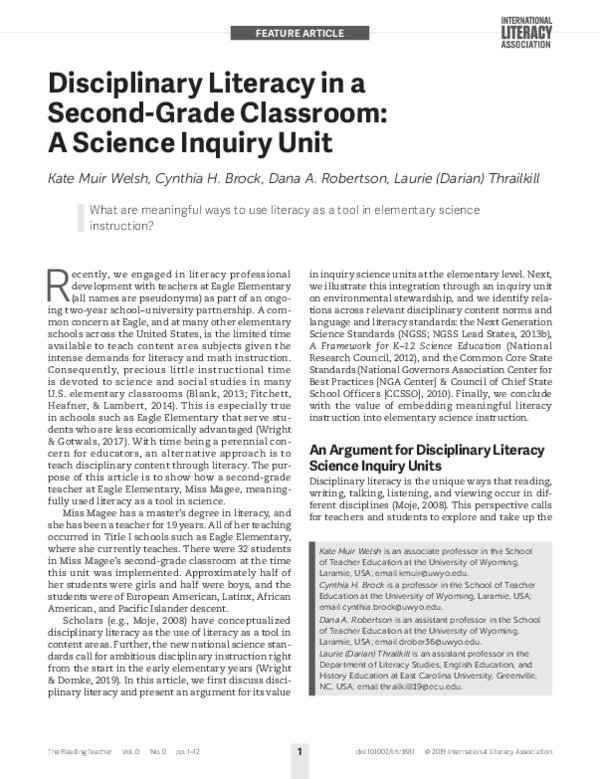 (PDF) Disciplinary Literacy in a Second‐Grade Classroom: A Science ...