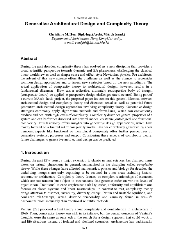 (PDF) Generative Architectural Design and Complexity Theory