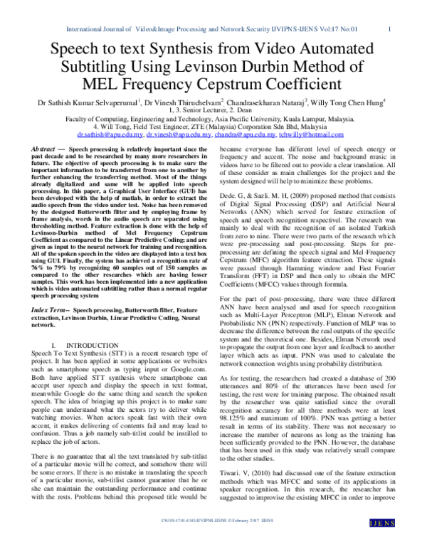 (PDF) Speech to Text Synthesis from Video Automated Subtitling using ...