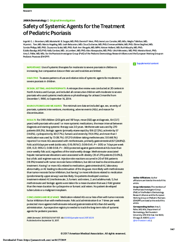 (PDF) Safety of Systemic Agents for the Treatment of Pediatric Psoriasis