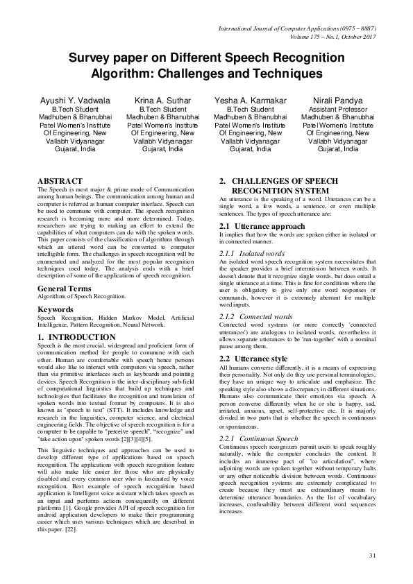 (PDF) Survey paper on Different Speech Recognition Algorithm: Challenges and Techniques