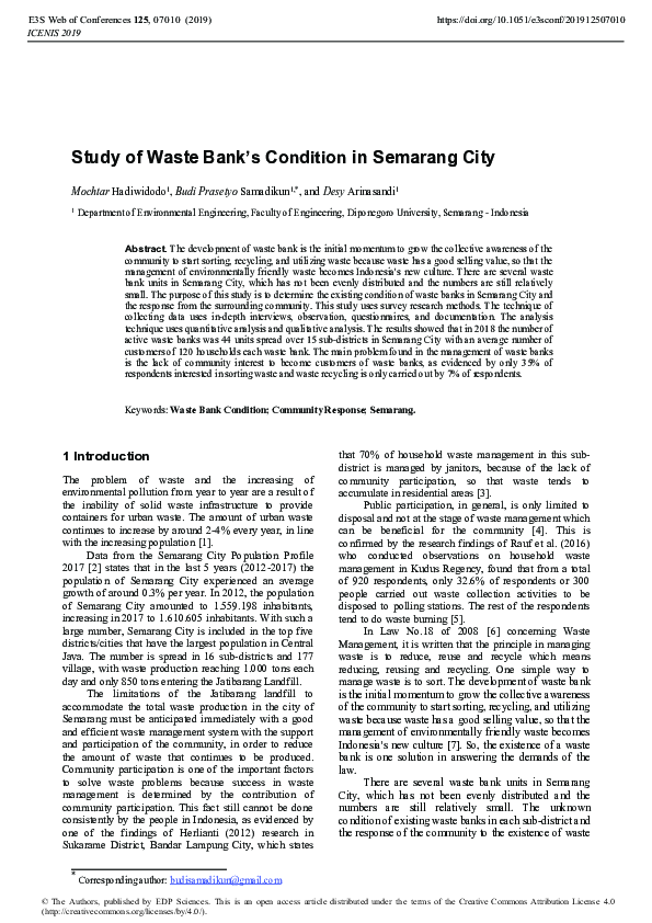 (PDF) Study of Waste Bank’s Condition in Semarang City