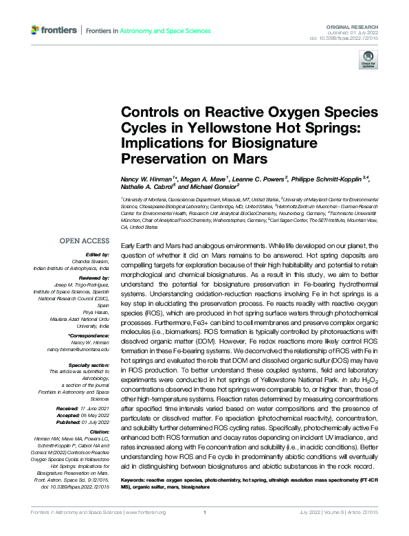 (PDF) Controls on Reactive Oxygen Species Cycles in Yellowstone Hot ...