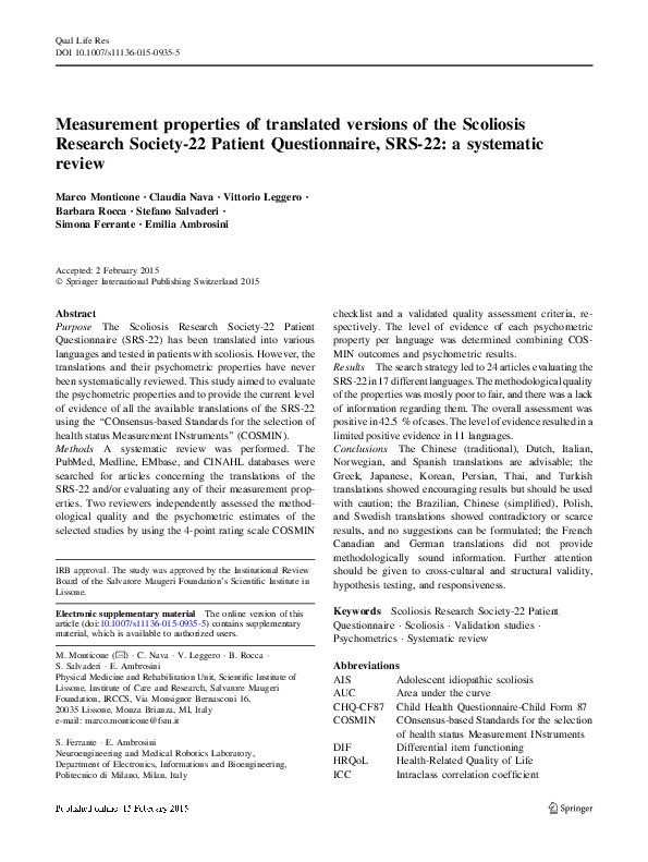 (PDF) Measurement properties of translated versions of the Scoliosis ...