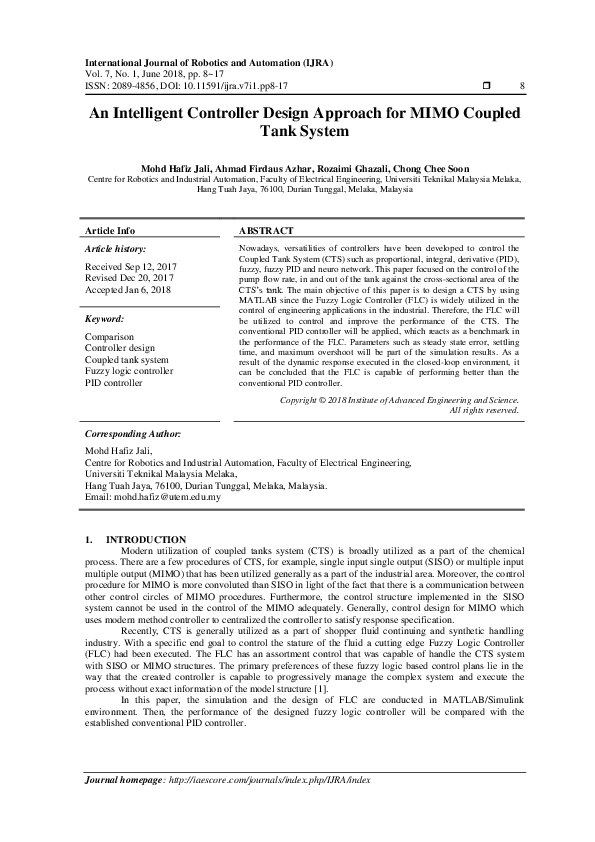 (PDF) An Intelligent Controller Design Approach for MIMO Coupled Tank ...