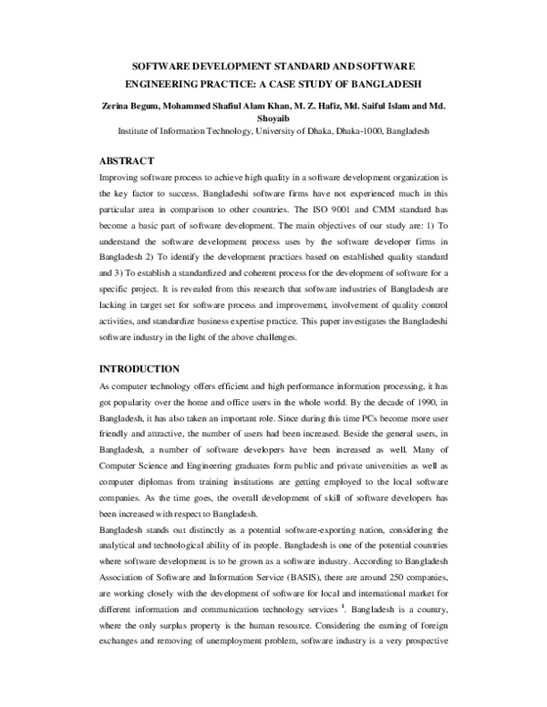 (PDF) Sofware Development Standard and Software Engineering Practice: A Case Study of Bangladesh