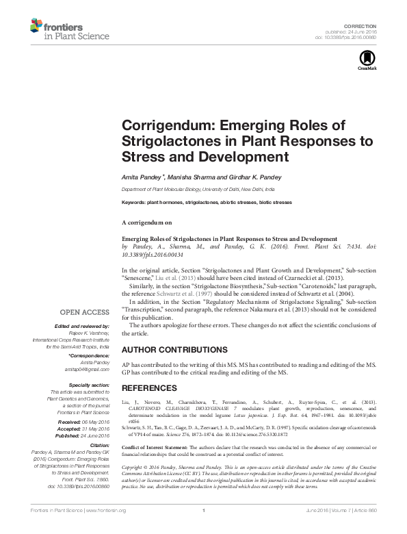 (PDF) Corrigendum: Emerging Roles of Strigolactones in Plant Responses ...