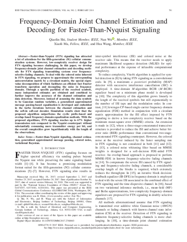 (PDF) Frequency-Domain Joint Channel Estimation and Decoding for Faster-Than-Nyquist Signaling