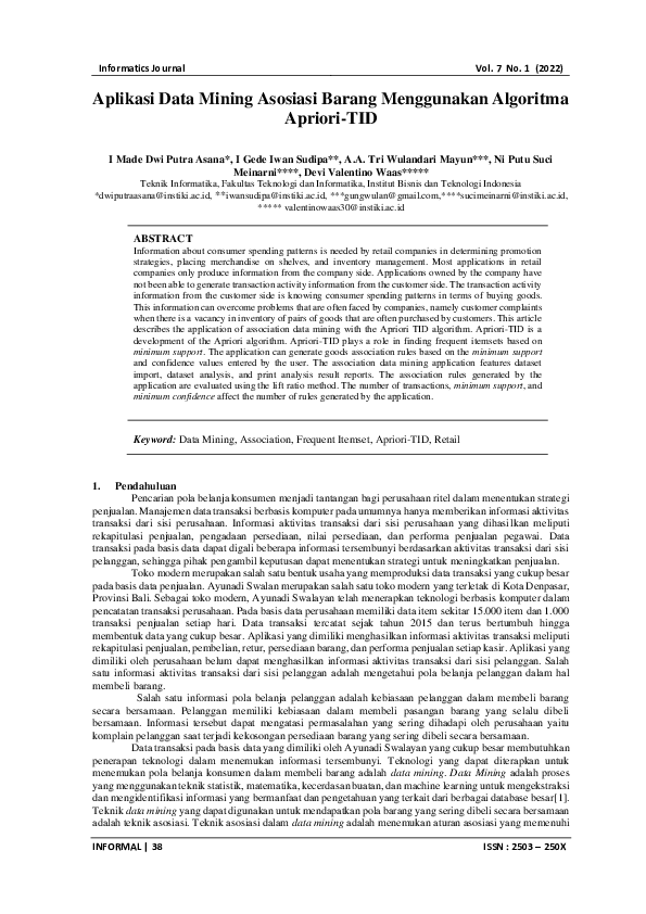 (PDF) Aplikasi Data Mining Asosiasi Barang Menggunakan Algoritma Apriori-TID