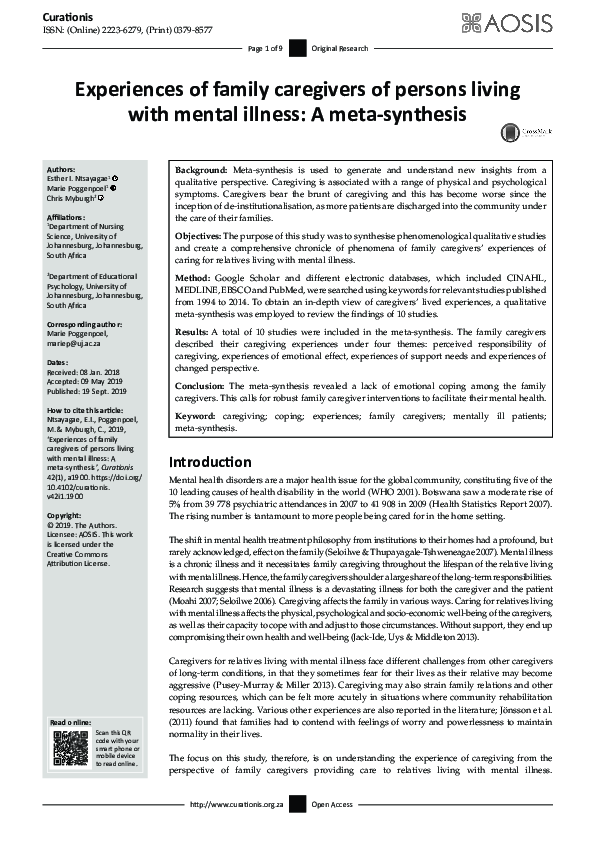 (PDF) Experiences of family caregivers of persons living with mental illness: A meta-synthesis