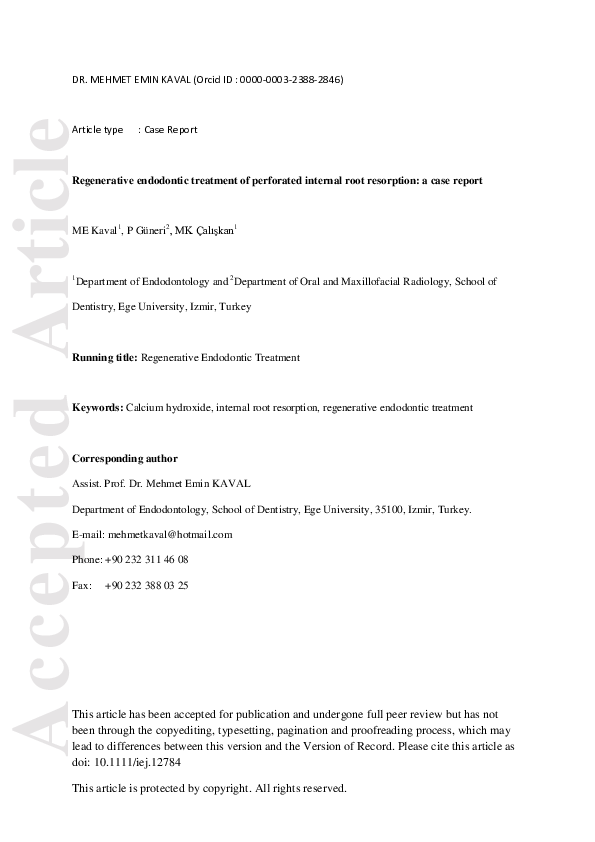 (PDF) Regenerative endodontic treatment of perforated internal root resorption: a case report