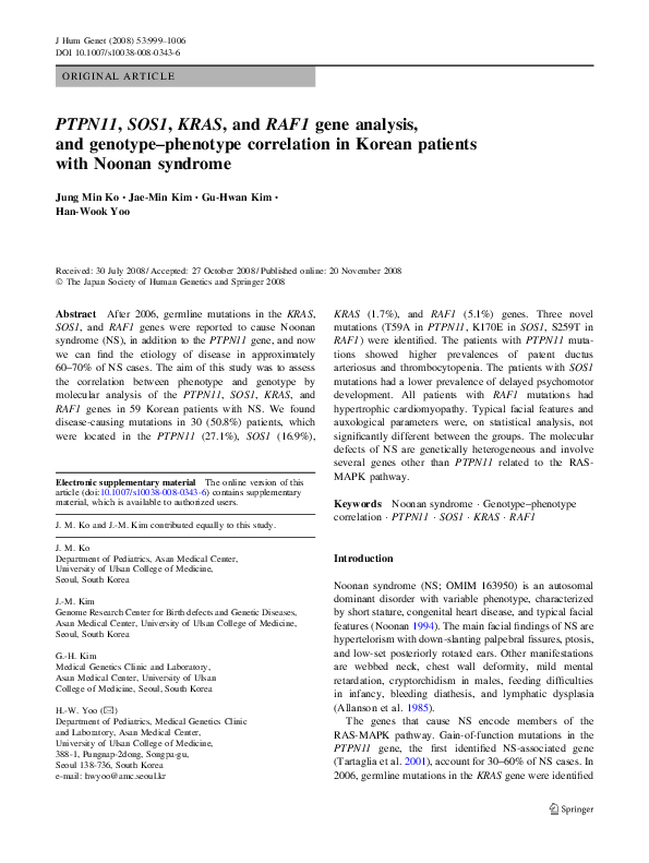 (PDF) Gene Analysis and Mutation Correlation in Noonan Syndrome