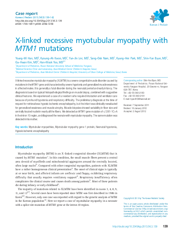 (PDF) X-linked recessive myotubular myopathy with MTM1 mutations