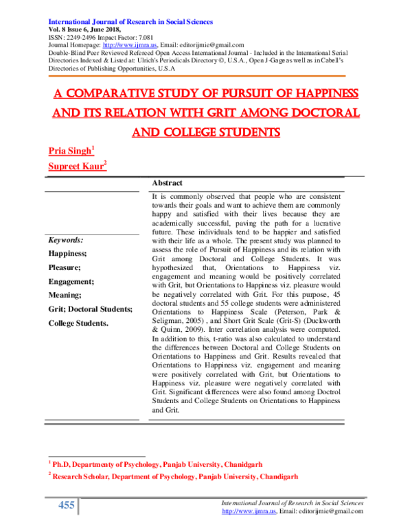 (PDF) A Comparative Study of Pursuit of Happiness and Its Relation with ...