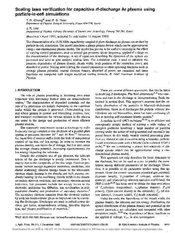 (PDF) Scaling laws verification for capacitive rf‐discharge Ar plasma using particle‐in‐cell ...