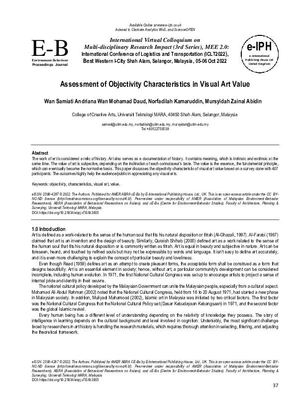 (PDF) Assessment of Objectivity Characteristics in Visual Art Value